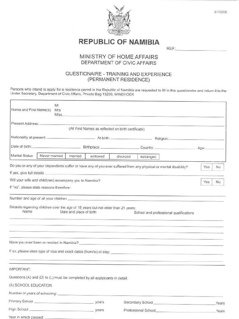 Questionnaire for Permanent Residence - Namibian Home Affairs Form