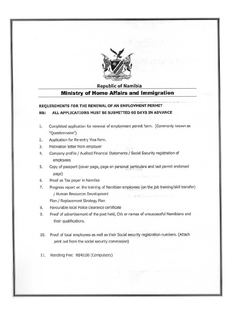 Requirement For The Renewal of An Employment Permit - Namibian Home ...