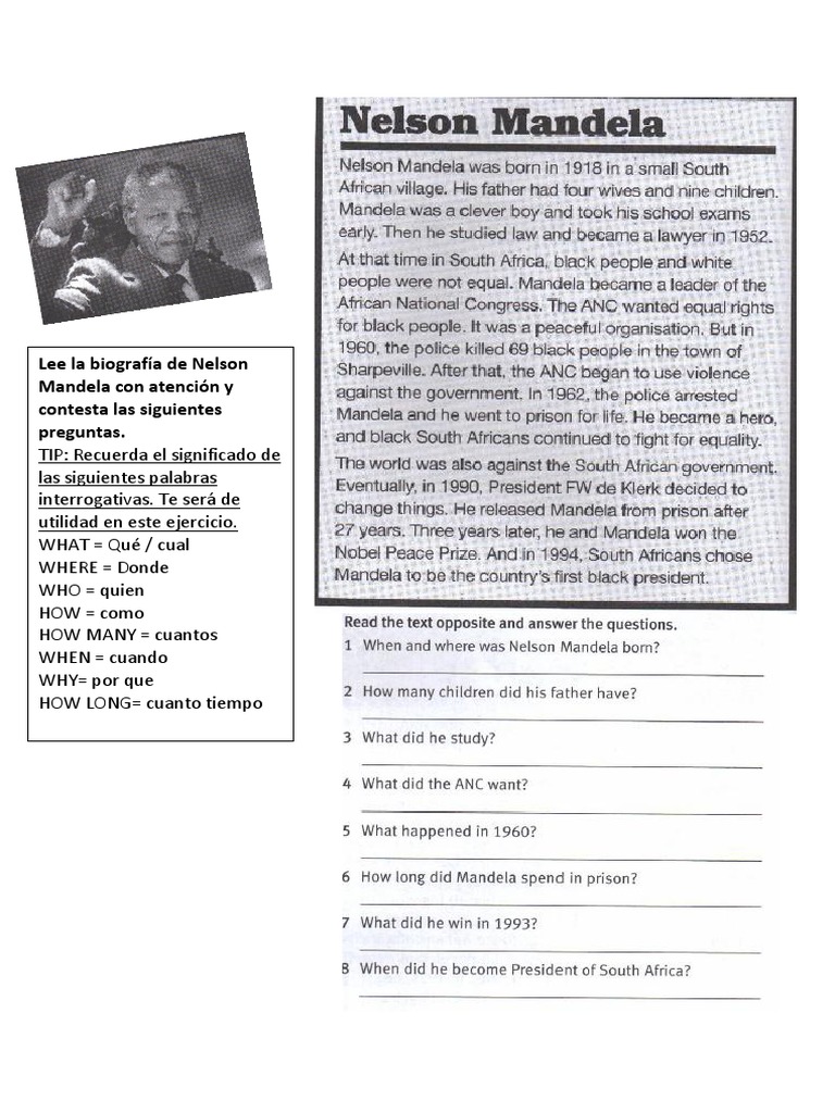 Lee La Biografía de Nelson Mandela Con Atención y Contesta Las ...