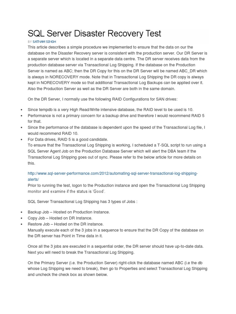 SQL Server Disaster Recovery | Download Free PDF | Databases | Backup