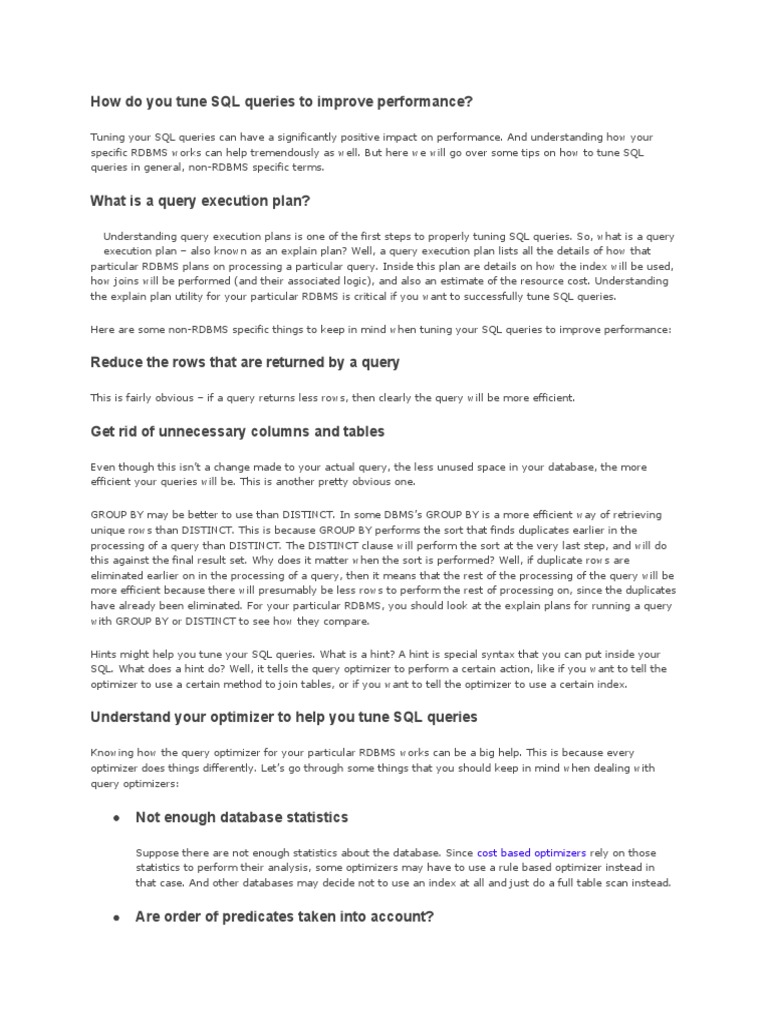 How Do You Tune SQL Queries To Improve Performance | Download Free PDF | Relational Database ...