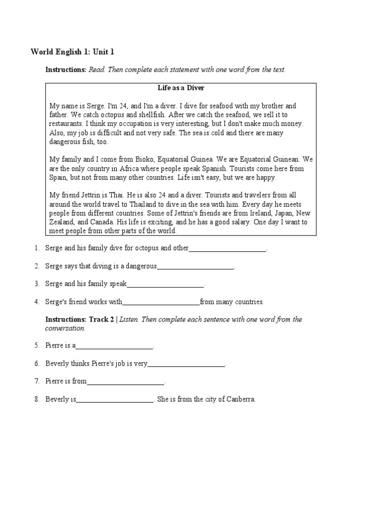 World English 1: Unit 1: Instructions: Read. Then Complete Each ...