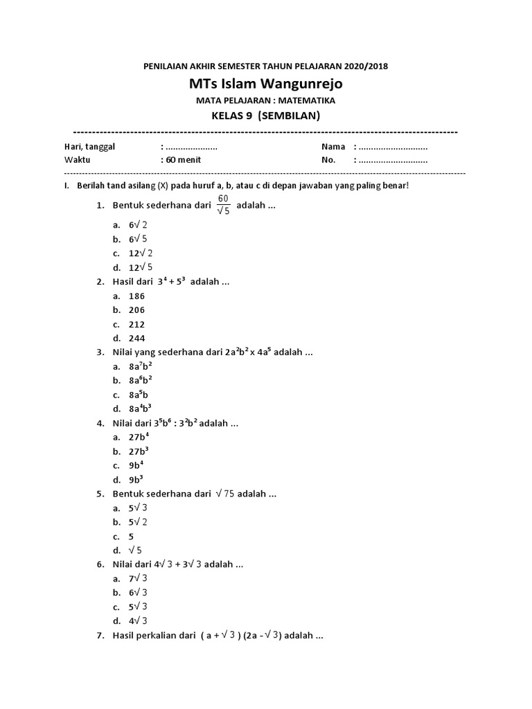 Soal Pas - 1 MTK 9 | PDF