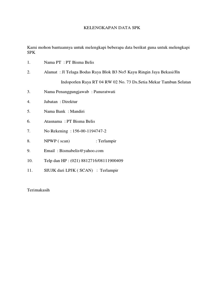 Form Kelengkapan Data SPK | PDF