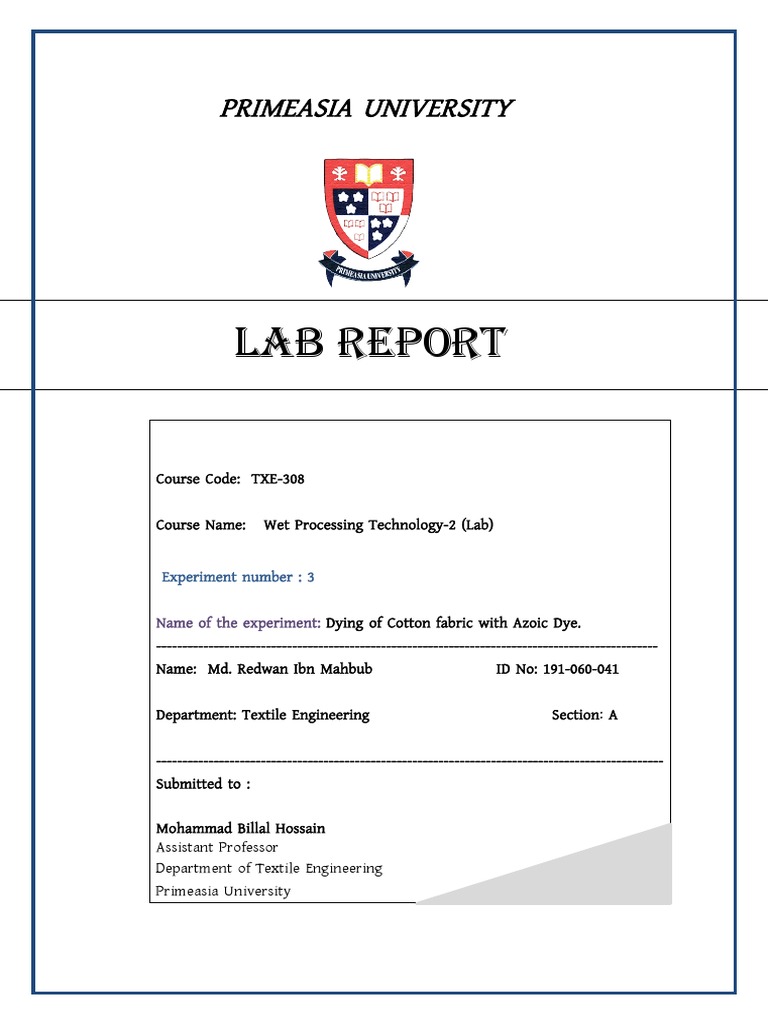 Azoic Dyeing of Cotton Fabric Lab Report | PDF | Dye | Chemistry