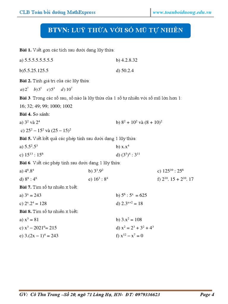 (BTVN 25-8) - Lũy thừa với số mũ tự nhiên | PDF