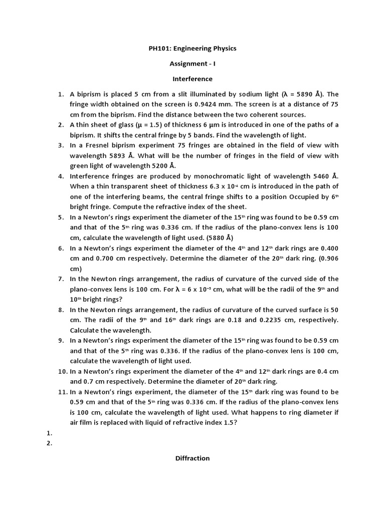 PH101: Engineering Physics Assignment - I Interference | PDF | Angular Resolution | Wavelength