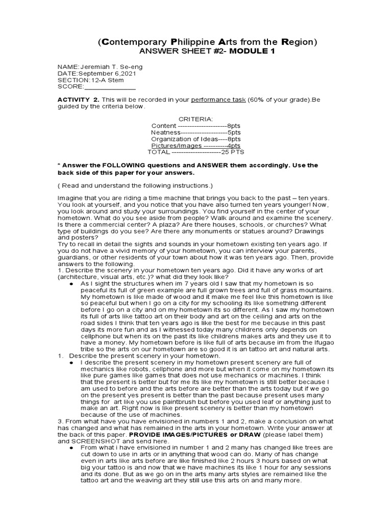 (Contemporary Philippine Arts From The Region) : Answer Sheet #2-Module ...
