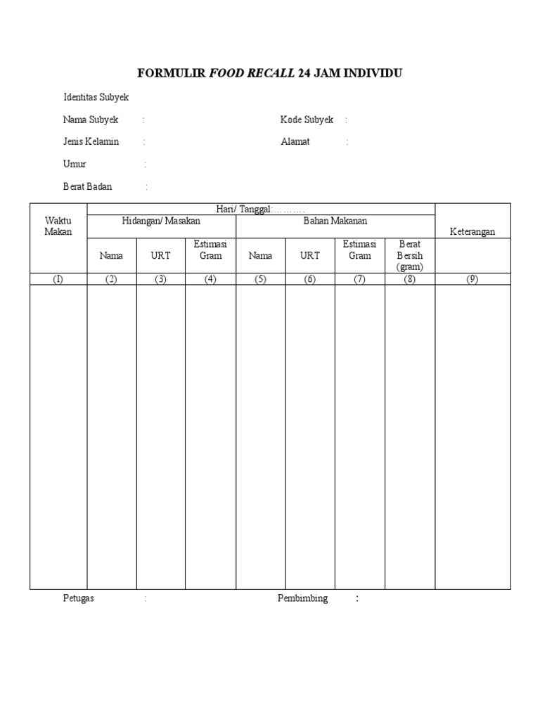 Formulir Food Recall 24 Jam Individu | PDF | Kesehatan Holistik