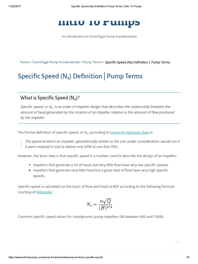 Specific Speed (NS) Definition - Pump Terms - Intro To Pumps | PDF ...