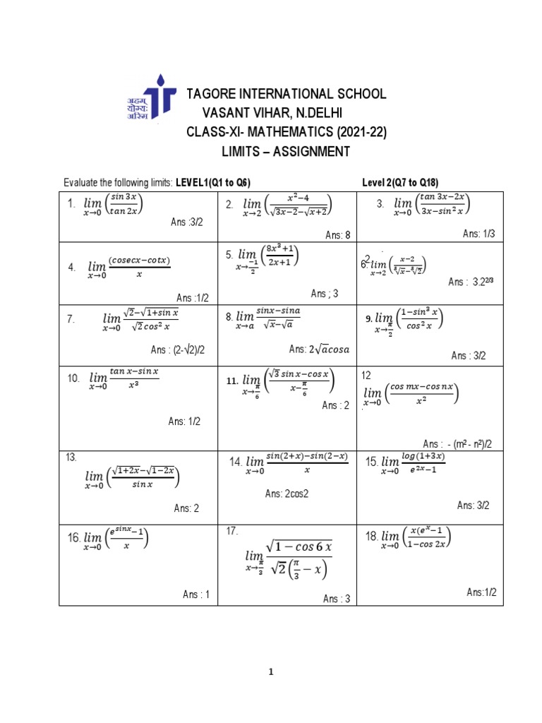 Tagore International School Math Limits Assignment | PDF