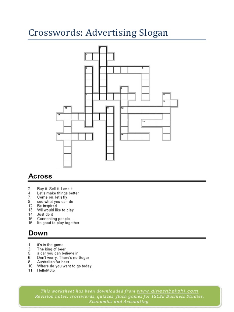 Advertising Slogan Crossword | PDF