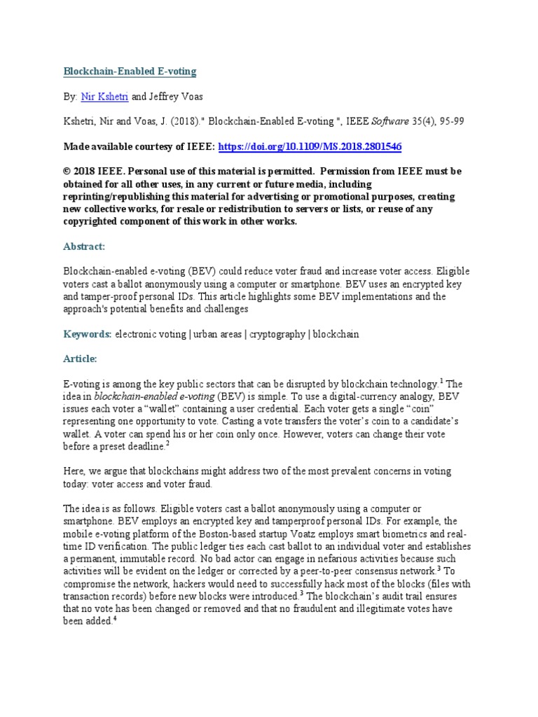 N Kshetri Blockchain Enabled 2018 | PDF | Electronic Voting | Voting