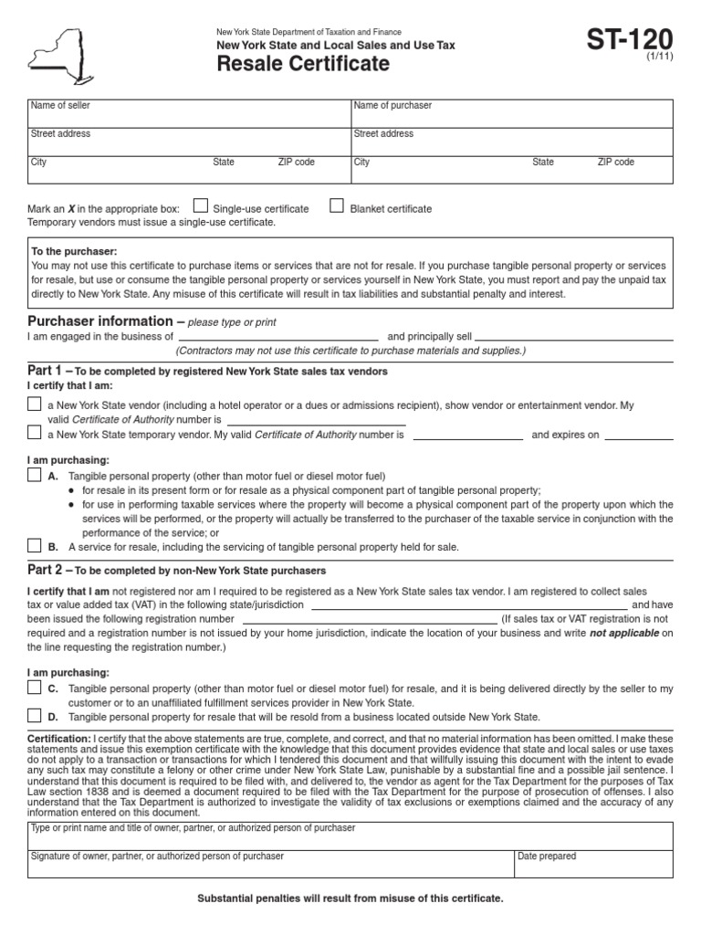 New York ST-120 Resale Certificate Guide | PDF | Sales Taxes In The ...