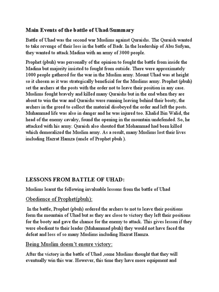 Main Events of The Battle of Uhad/Summary: Obedience of Prophet (Pbuh ...