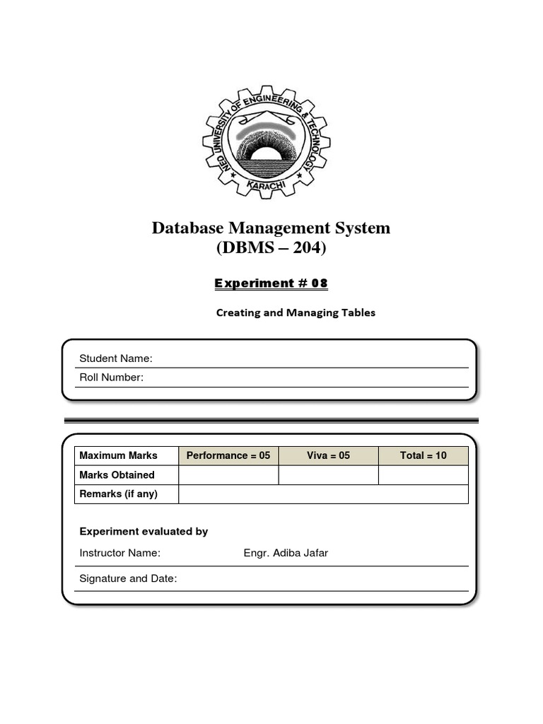 Database Management System (DBMS - 204) : Experiment # 08 Creating and Managing Tables | PDF ...
