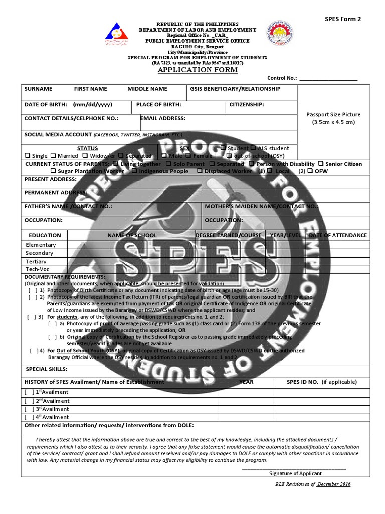 Spes Form 2 Application Form | PDF | Unemployment Benefits | Government