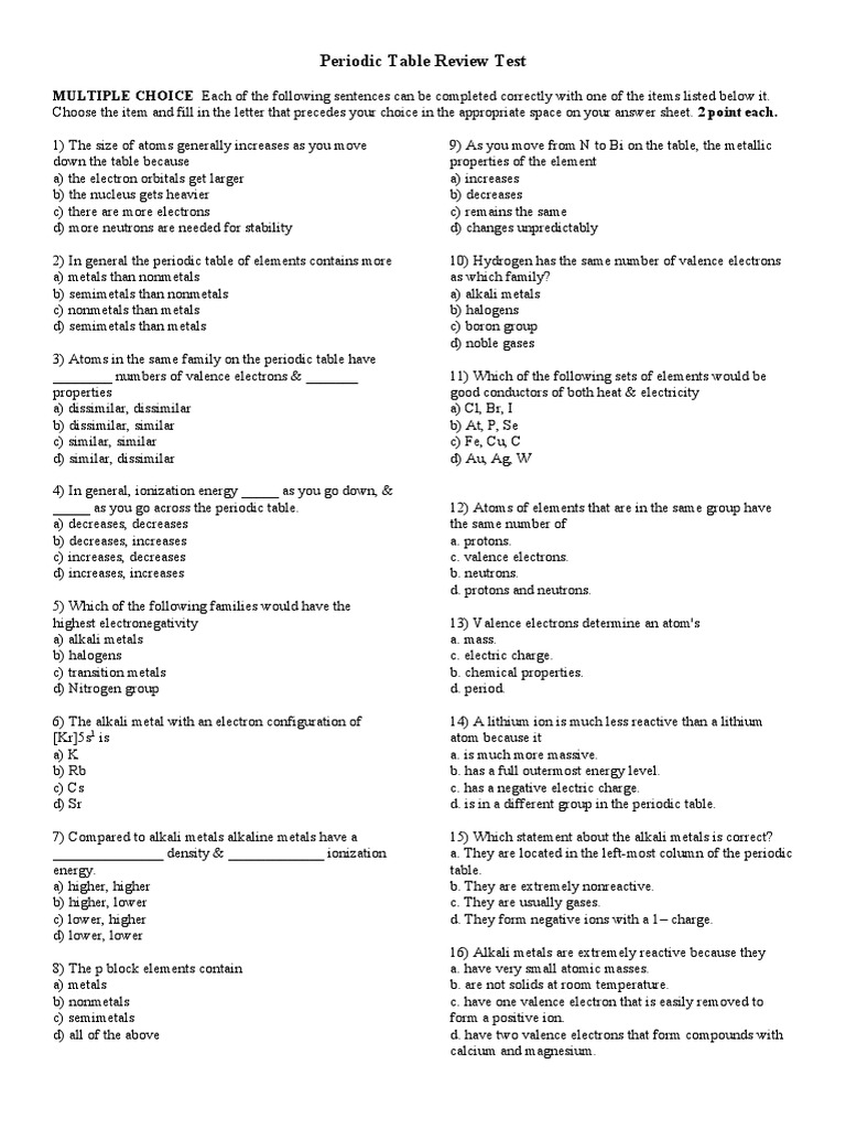 Periodic Table Test Review | PDF | Ion | Periodic Table