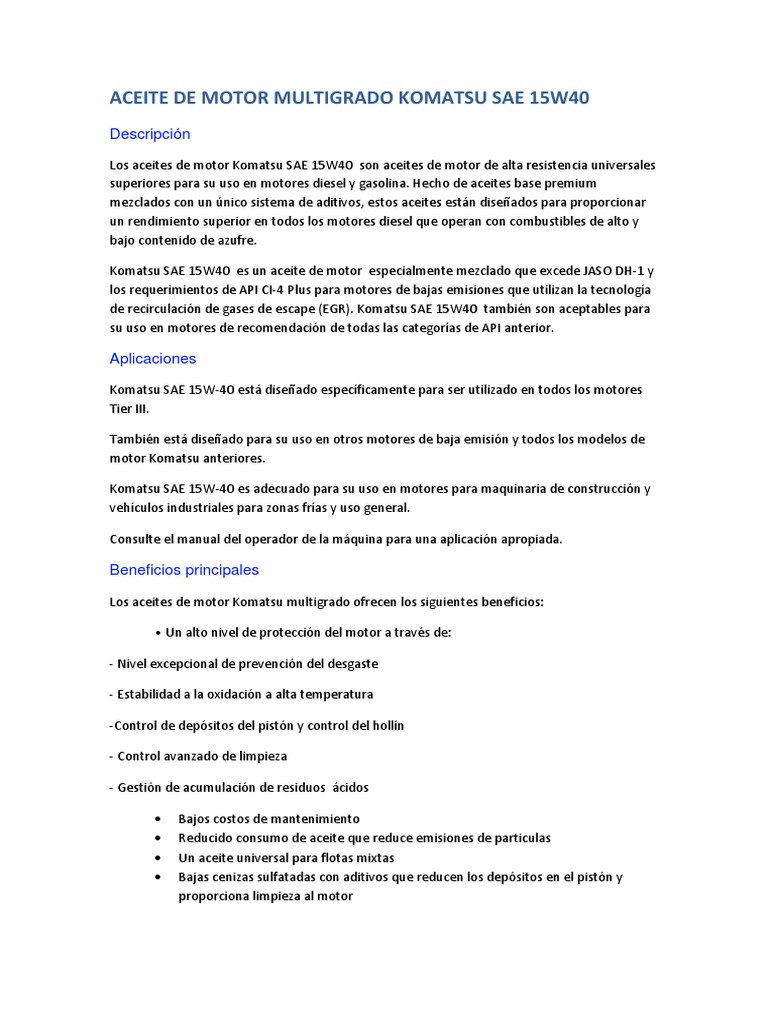 TDS Komatsu Engine Oil 15W40 | PDF | Aceite de motor | Petróleo