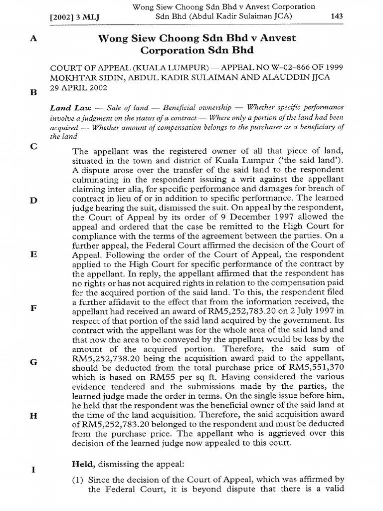 Wong Siew Choong SDN BHD V Anvest Corporations SDN BHD | PDF