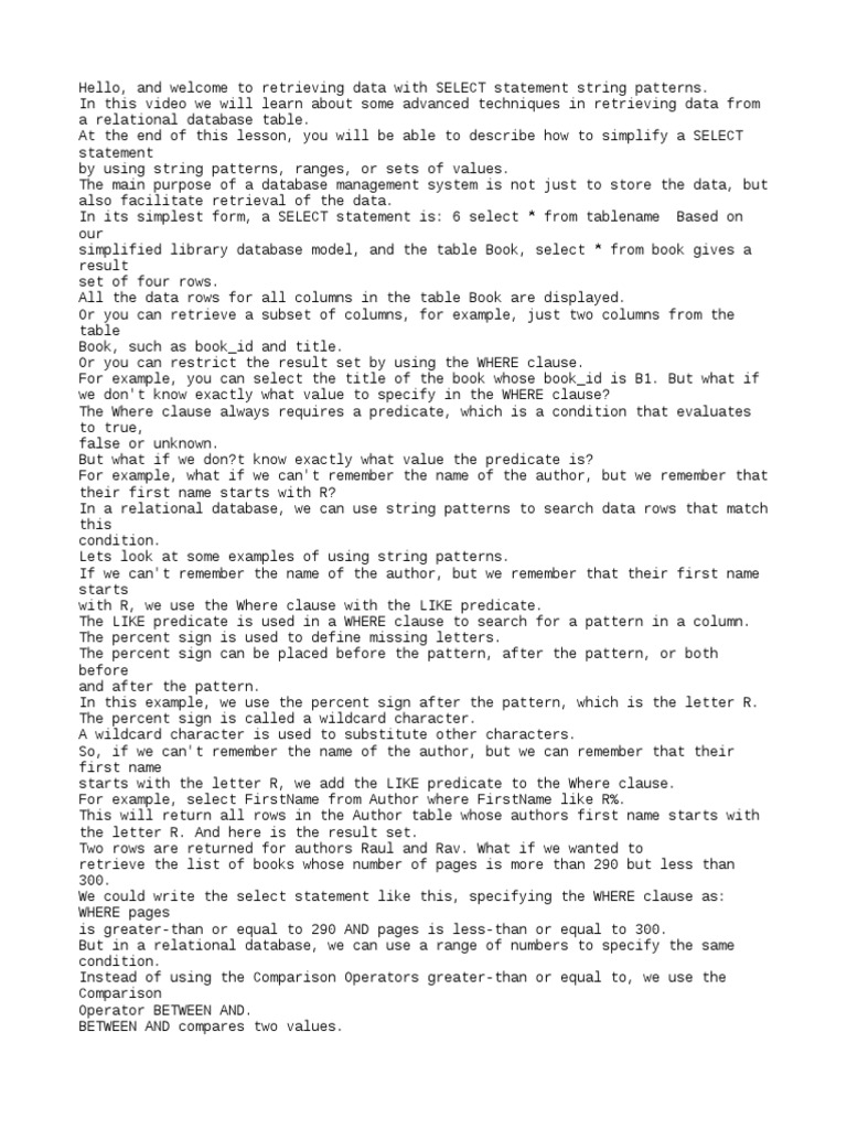 En Select Statement Advanced Topics String Patterns Ranges And Sets Pdf Relational
