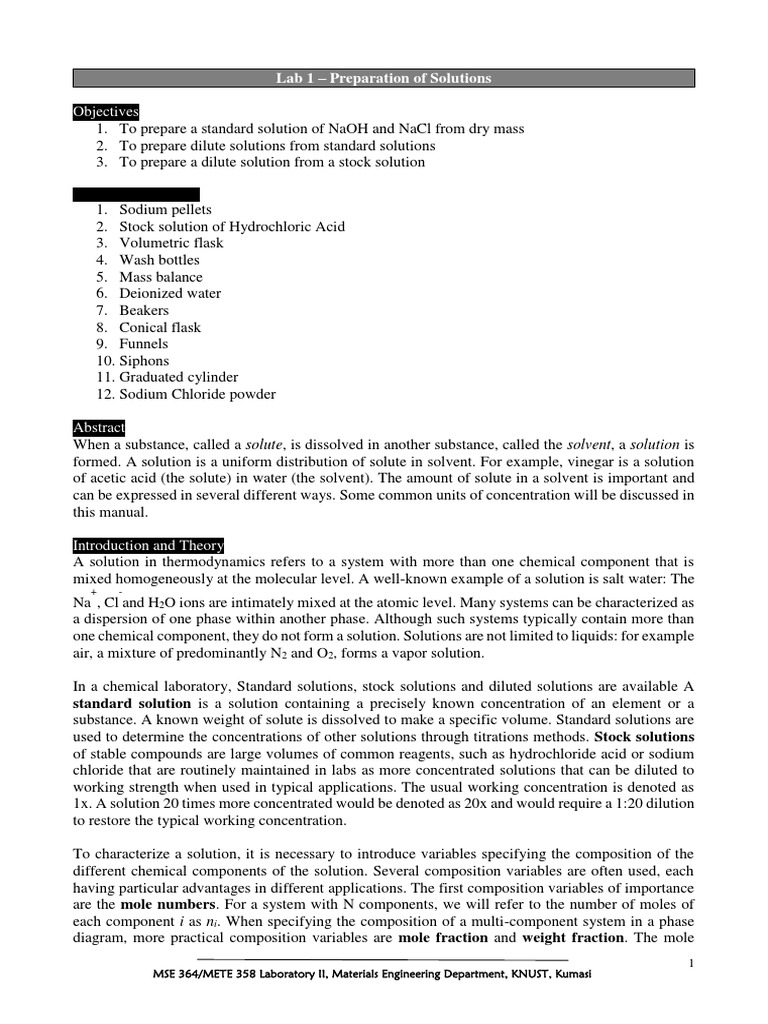 Lab 1 Preparation of Solutions | PDF | Solution | Concentration
