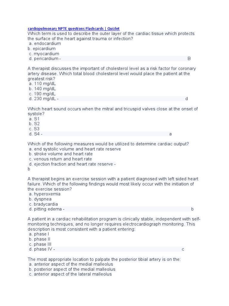 Cardiopulmonary NPTE Questions Flashcards | PDF | Heart | Blood Pressure