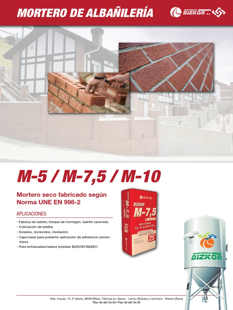 Morteros de Albañilería Según Norma UNE en 998-2 M5 - M75 - M10 | PDF ...