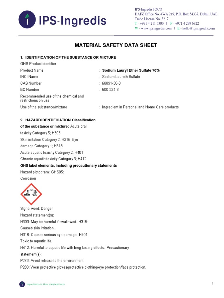 Material Safety Data Sheet: 1. Identification of The Substance or ...