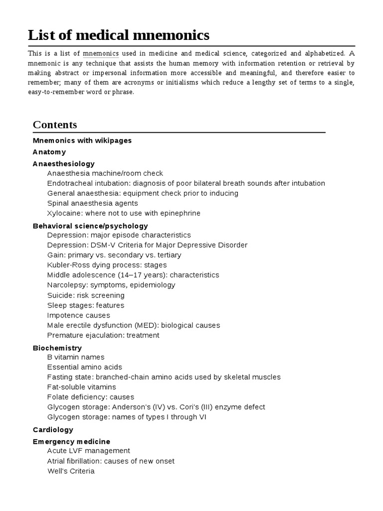 List of Medical Mnemonics | PDF | Mental Disorder | Heart
