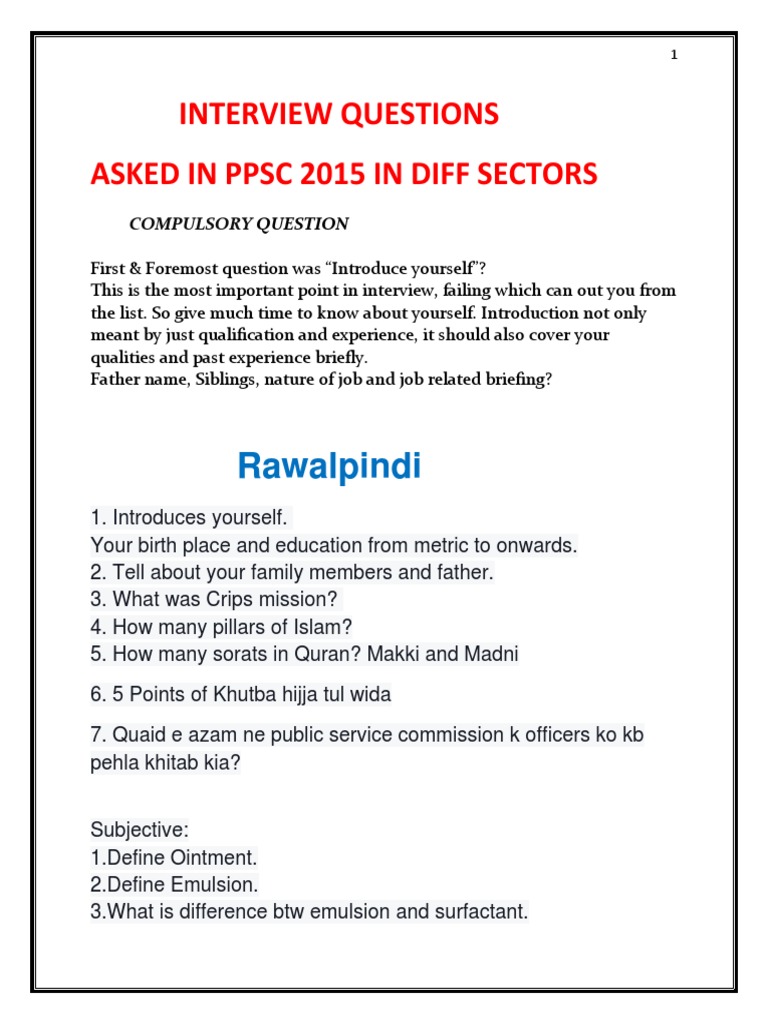 Interview Questions Asked in PPSC 2015 in Diff Sectors: Rawalpindi | PDF | Pharmacy | Medical ...