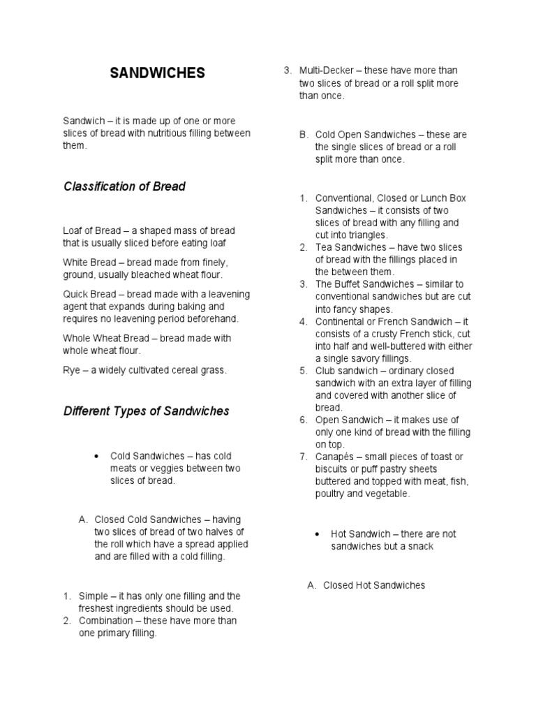 Sandwiches: Classification of Bread | PDF | Sandwich | Breads