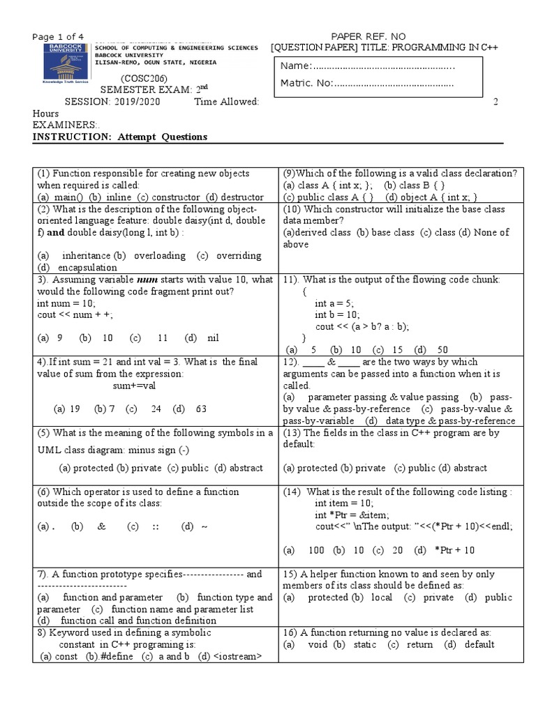 Cosc206 MCQ 2020 | PDF | Programming | Constructor (Object Oriented Programming)