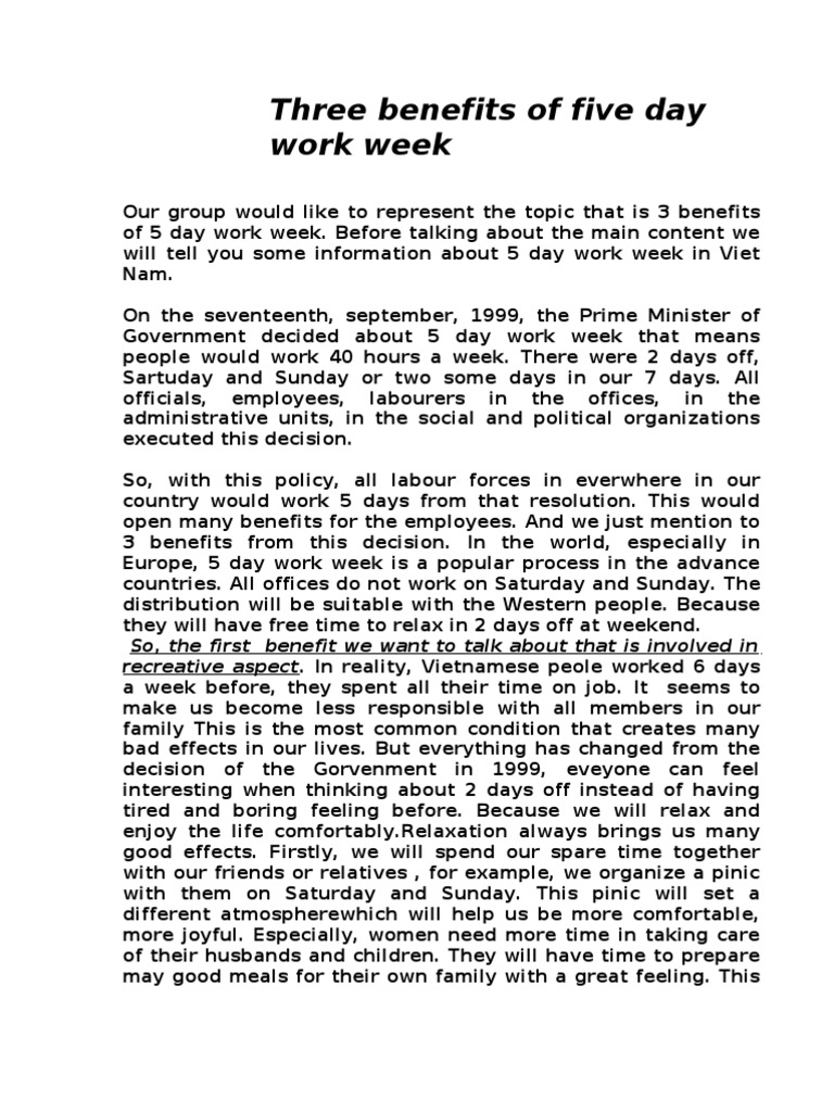 Three Benefits of Five Day Work Week | PDF | Workweek And Weekend ...