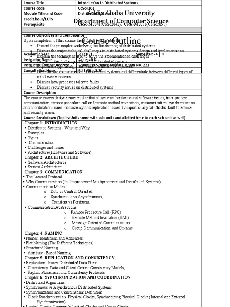 Course Outline: Addis Ababa University Department of Computer Science ...
