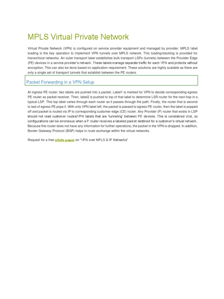MPLS Virtual Private Network: Packet Forwarding in A VPN Setup | PDF