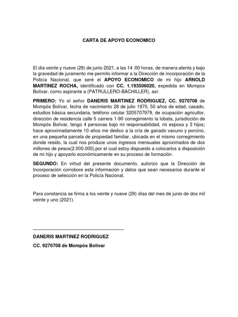 Carta De Apoyo Economico Pdf
