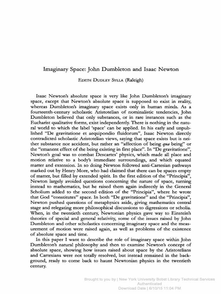 Imaginary Space: John Dumbleton and Isaac Newton: Edith Dudley Sylla ...