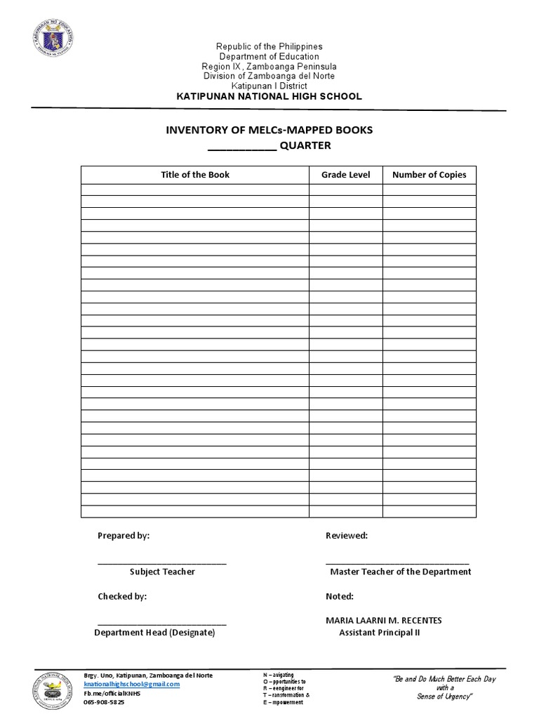 Katipunan High School Book Inventory Template | PDF