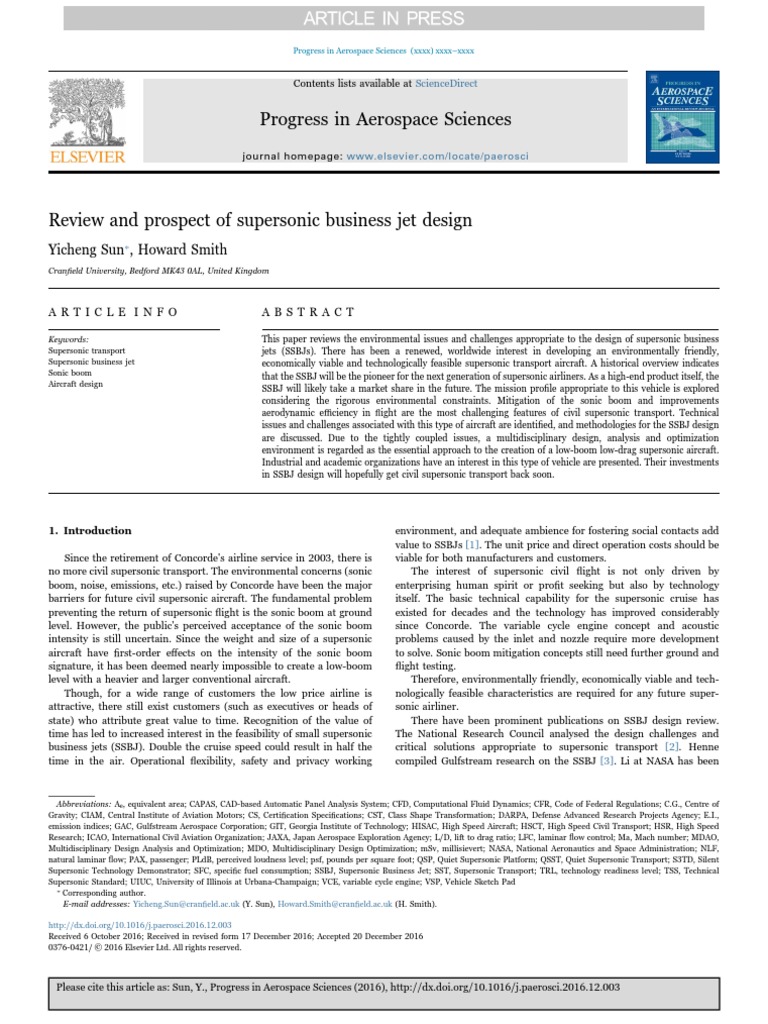 Progress in Aerospace Sciences: Yicheng Sun, Howard Smith | PDF | Supersonic Speed | Aviation