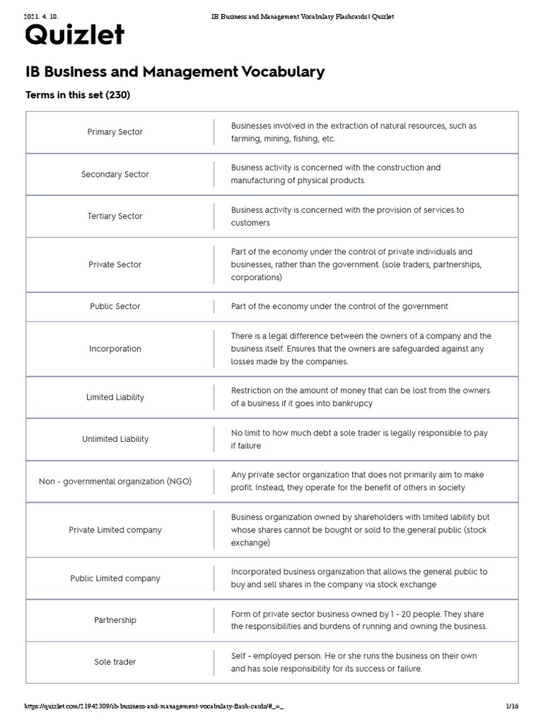 IB Business and Management Vocabulary Flashcards - Quizlet | PDF | Book ...