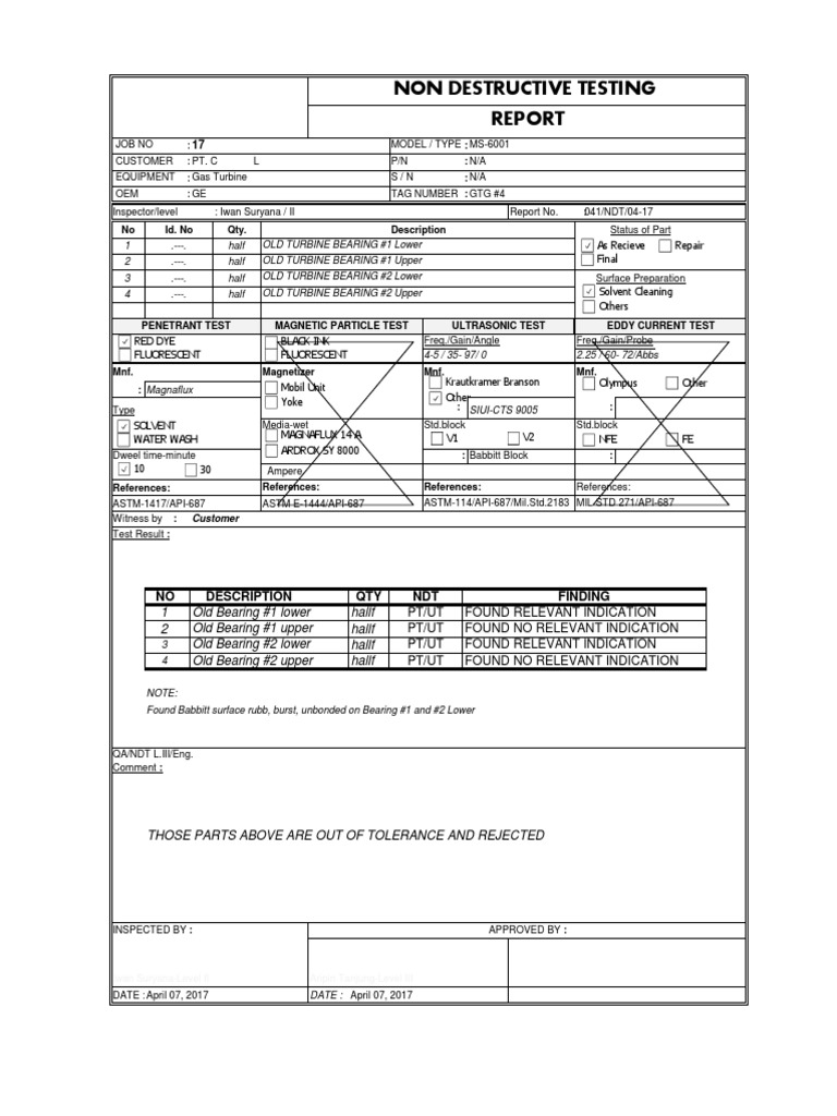 NDT Report - Old.Turbine Bearings | PDF | Nondestructive Testing ...