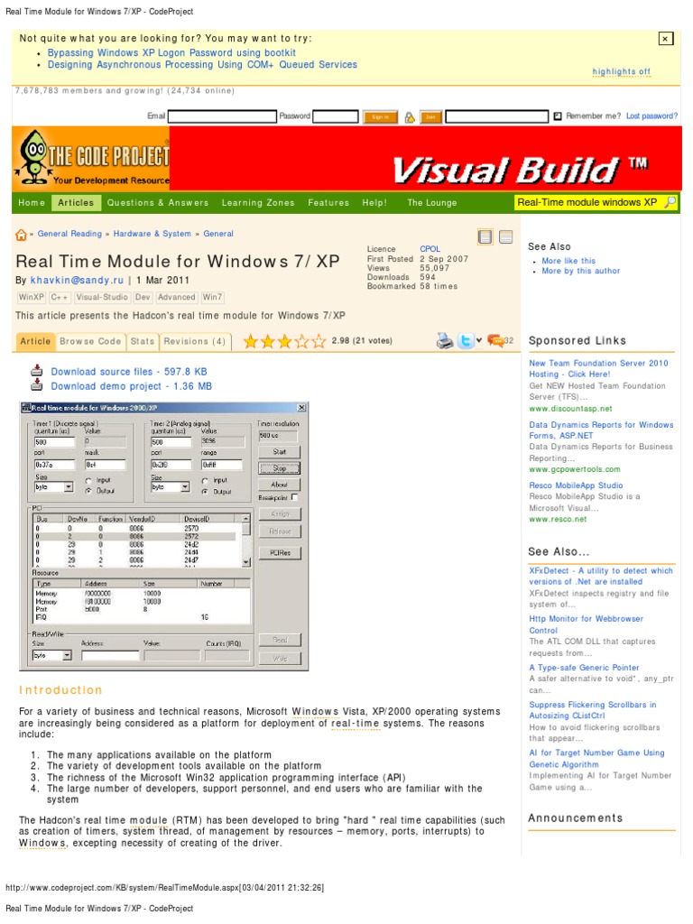 Real Time Module For Windows XP - CodeProject | PDF | Real Time Computing | Microsoft Windows