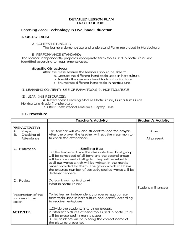 Horticulture Lesson Plan for Grade 6 | PDF | Lesson Plan | Gardens