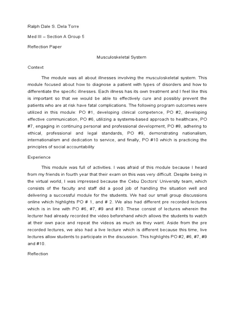 Reflection On Musculoskeletal System | PDF | Lecture | Patient