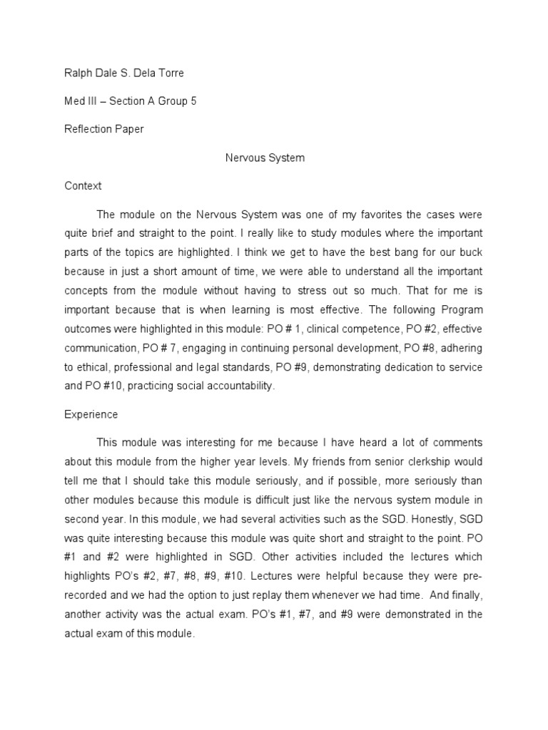 Reflection Paper On Nervous System | PDF | Cognition | Medicine