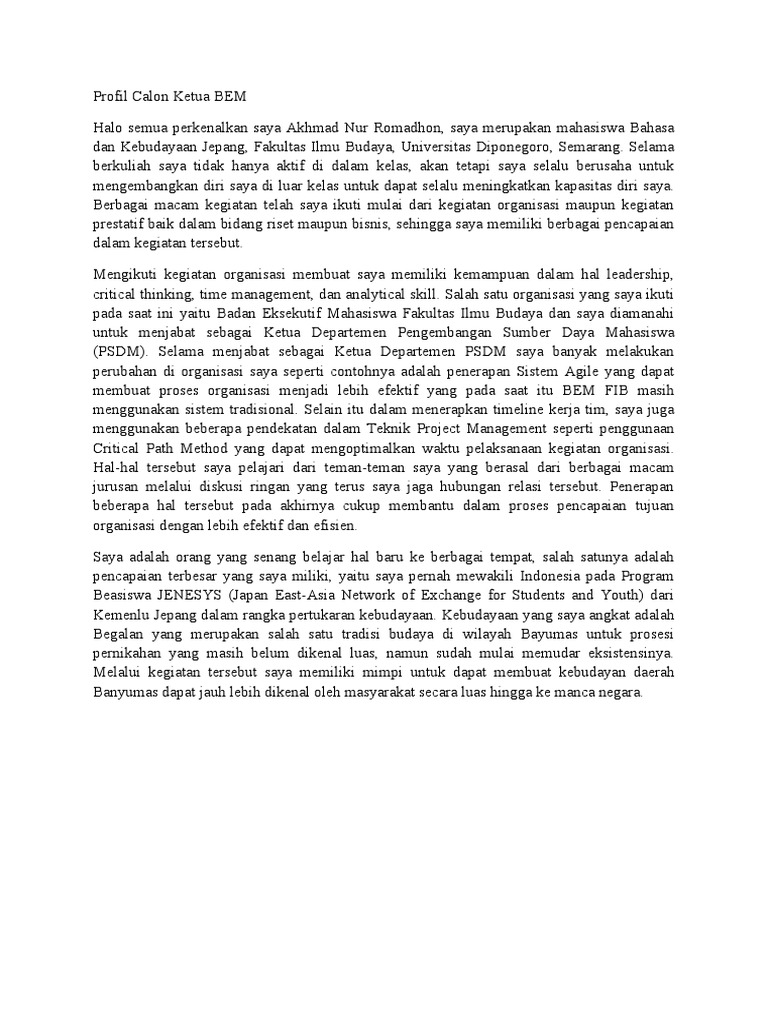Profil Calon Ketua BEM | PDF | Karier & Perkembangan | Pengembangan Diri