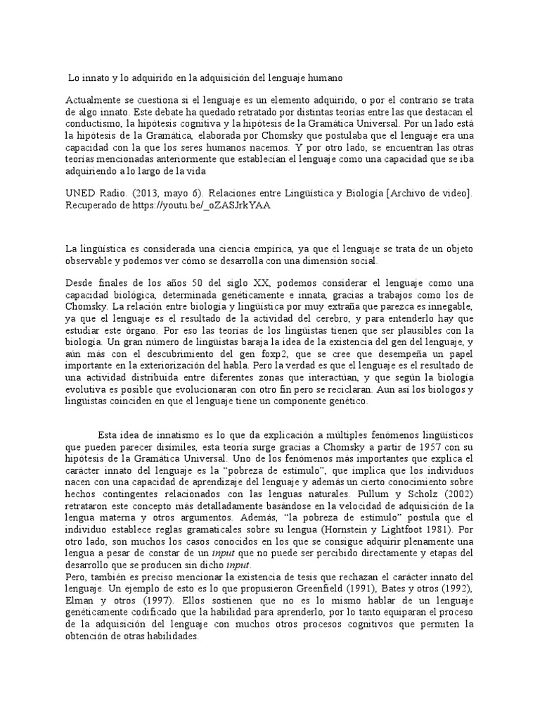 Lo Innato y Lo Adquirido Del Lenguaje Humano | PDF | Aquisición de ...