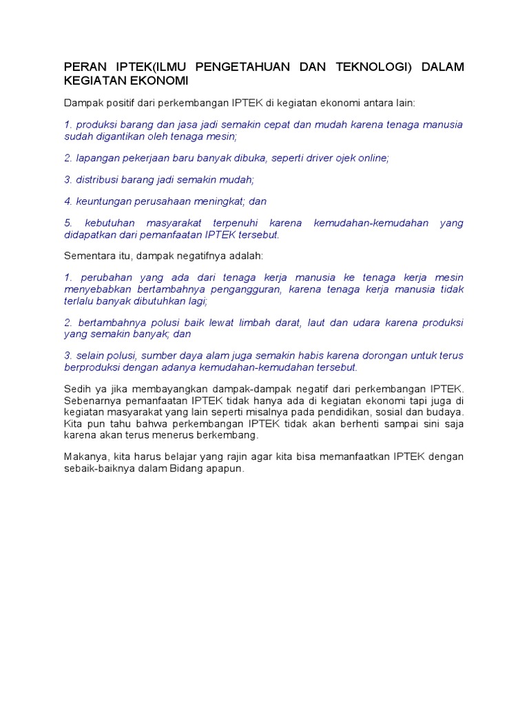 Peran Iptek Dalam Kegiatan Ekonomi | PDF