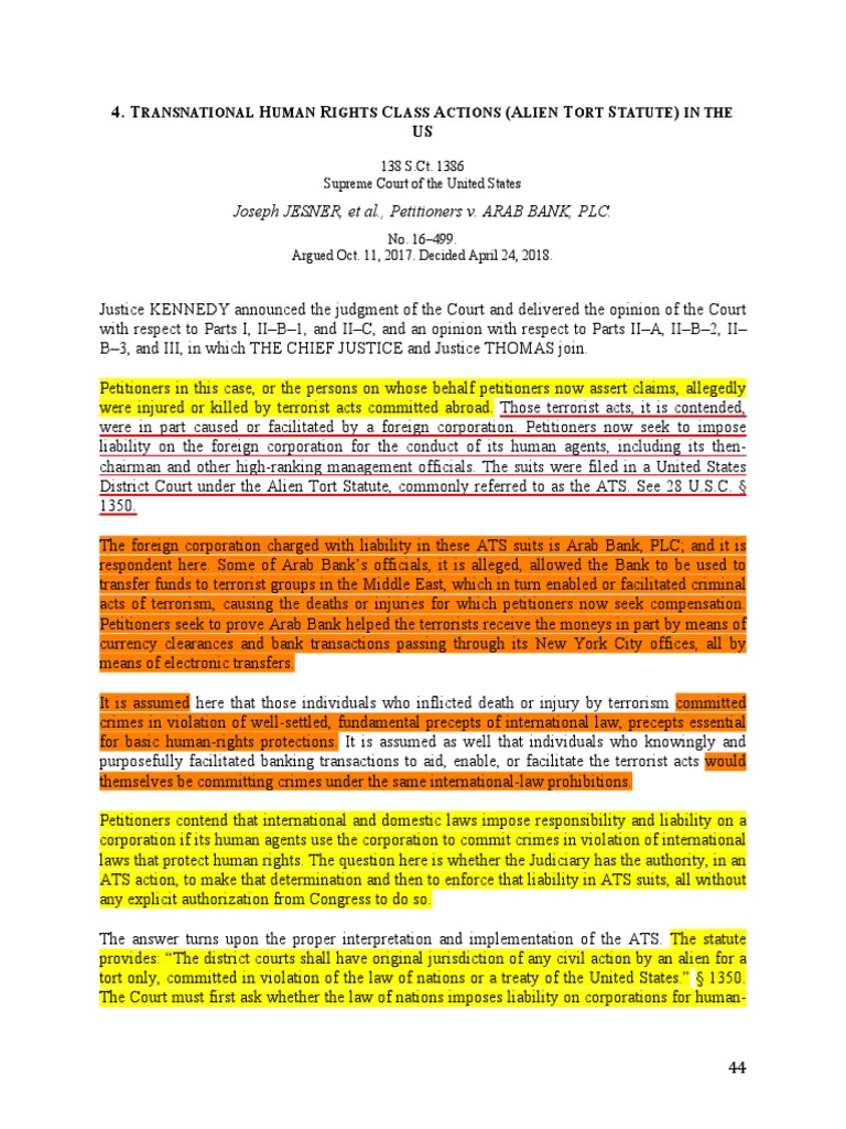 Jesner V Arab Bank (138 S.CT | PDF | Lawsuit | Supreme Court Of The ...